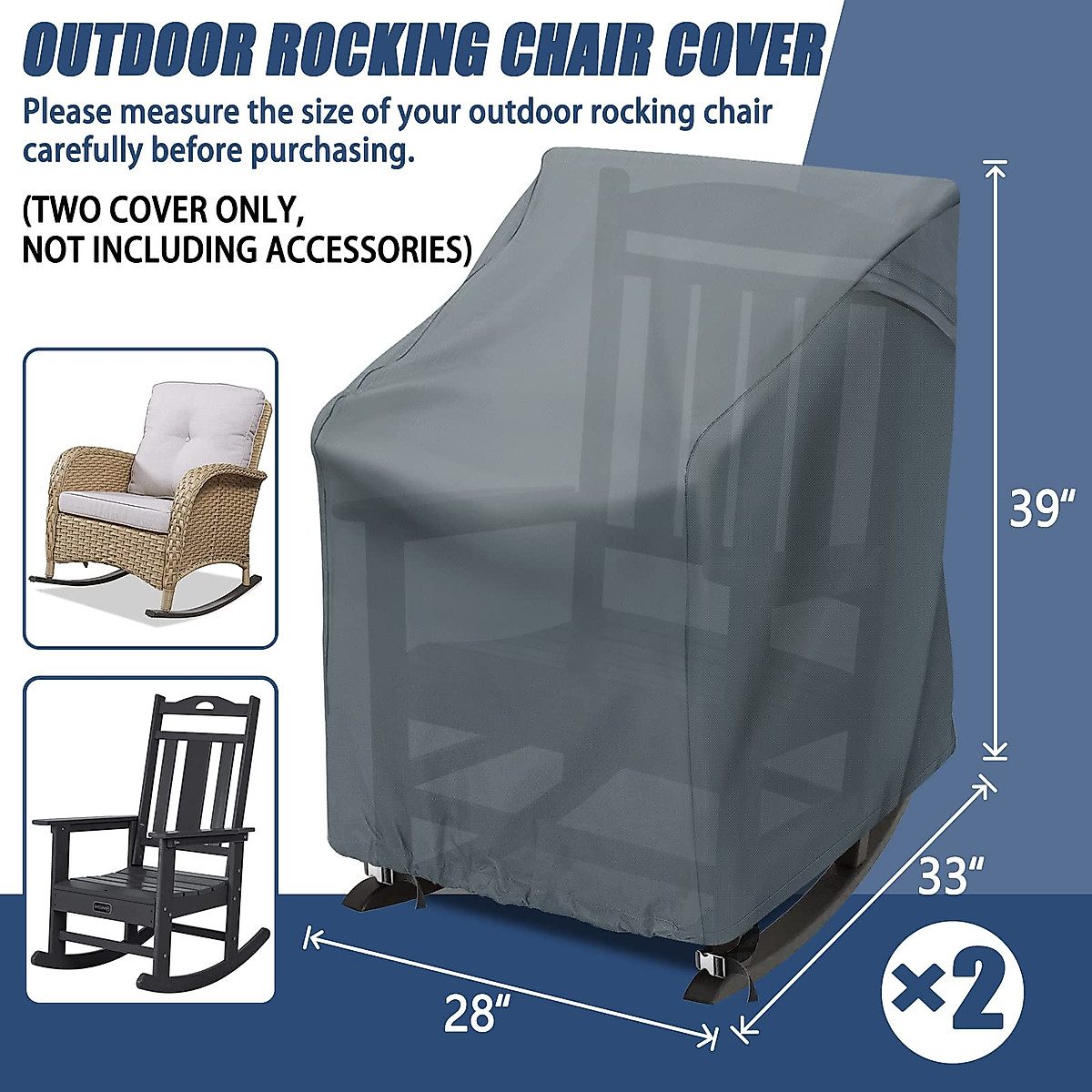 2 Pack Patio Rocking Chair Cover 27.5" L x 32.5" D x 39" H 420D Waterproof Oxford Fabric Production Outdoor Furniture Rocking Chair Covers - Grey