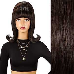 LONAI Retro Brown Wig 50s 60s 70s Wig with Bangs for Women Synthetic Hair for Halloween Costume Party