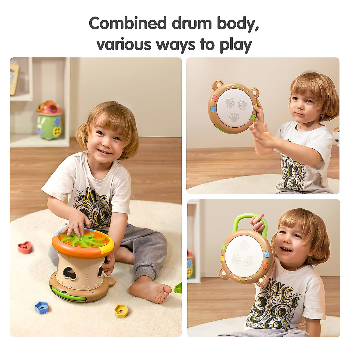TUMAMA Baby Drum 3 in1, Baby Light Up Toys with Sounds, Musical Toys for Toddlers 1-3, Baby Musical Toys for Girls Boys, Brown Kids Drum