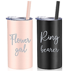 Sieral 2 Pcs 16 oz Flower Ring Bearer Tumbler Cup Stainless Steel Cup with Straw Water Bottle Gift Idea for Wedding Party(Black, Pink)