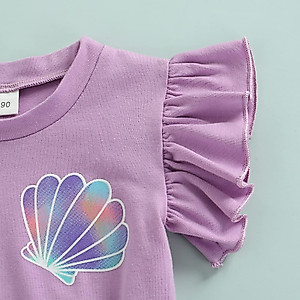 Toddler Kid Baby Girls Outfits Fly Sleeve Shell Crop Tops T-Shirt Mermaid Flared Pants Summer Birthday Clothes 1-6T (Purple, 3-4T)