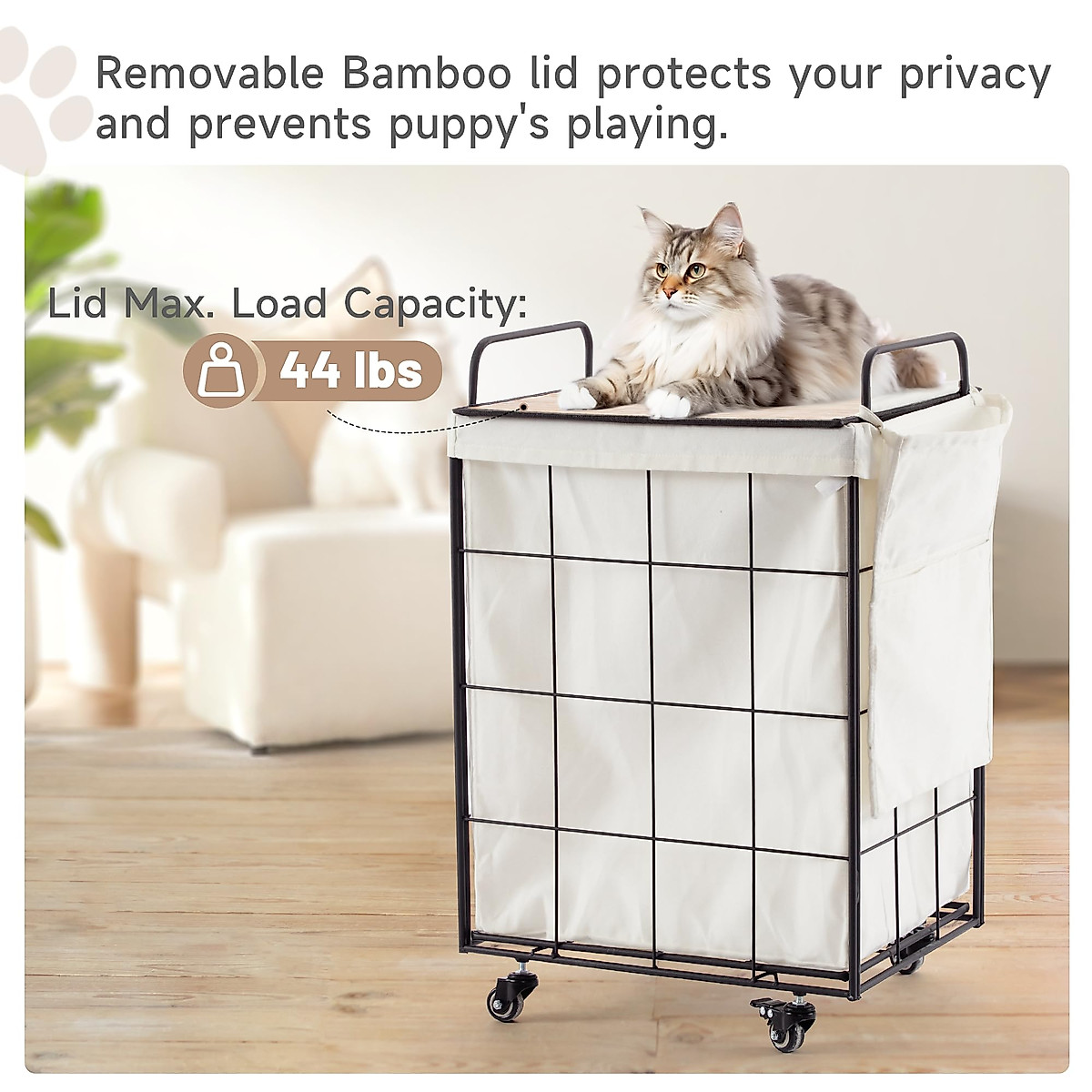 Laundry Hamper with Natural Bamboo Lid, 120L Laundry Basket with Heavy Duty Rolling Wheels, Dirty Clothes Hamper with Removable Liner Bag and Side Pocket, Laundry Sorter with Metal Handle