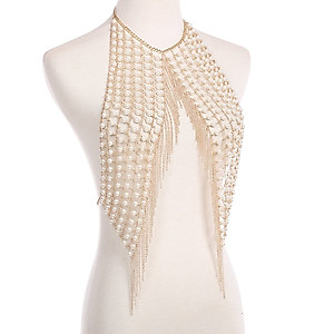 Foyte Sexy Pearl Tassels Body Chains Summer Bikini Gold Body Chain Beach Bra Body Chain Sparkly Body Accessorices for Women and Girls (Pearl)
