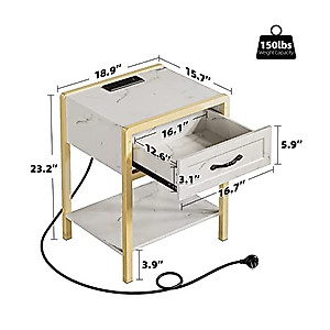 IDEALHOUSE Nightstand, White and Gold Night Stand with Charging Station, Side Table Bedside Table with Drawer, End Table with Storage Shelf for Bedroom, Living Room, Dorm (White(1 Pack))