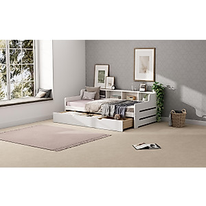 OUYESSIR Twin Size Daybed with 3 Storage Drawers, Upholstered Day Bed Frame with Bookcase Headboard and Full Wood Slats for Kids Teens Adult Boys Girls, No Box Spring Needed, White