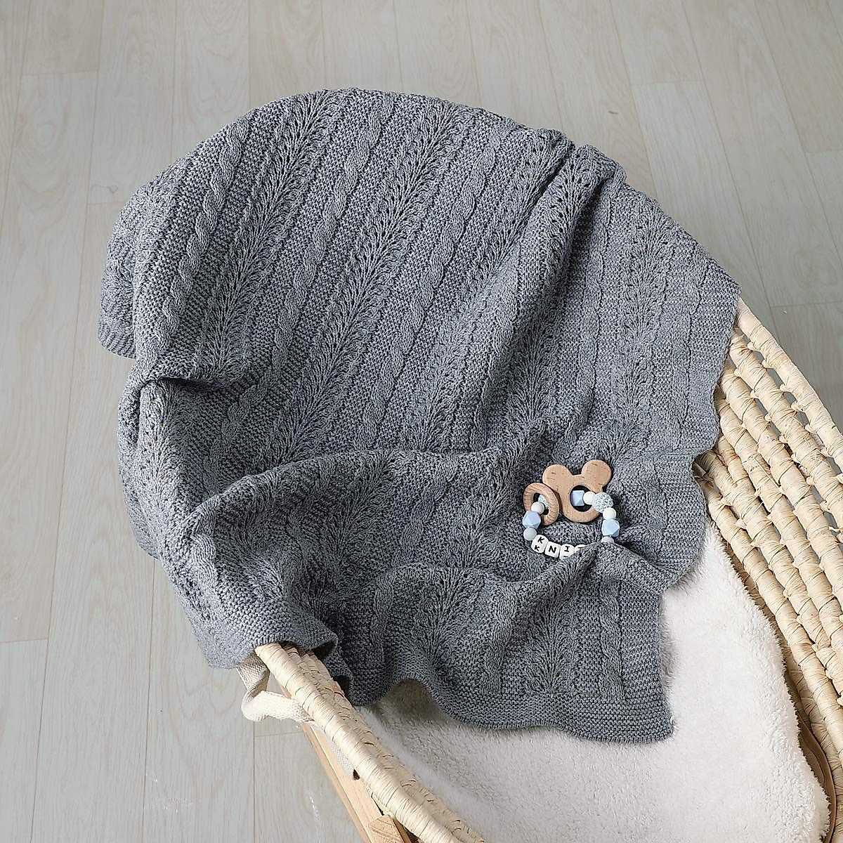 Hadetoto Baby Blanket Soft Knit Swaddle Receiving Blankets Crochet Cosy Warm Cellular Blanket Baby for Newborn Boy and Girl (Grey718)