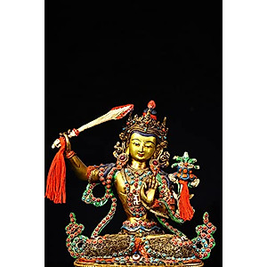 9" Tibetan Temple Collection Old Bronze Outline in Gold Painted Mosaic gem Dzi Beads Manjushri Worship Buddha Town House