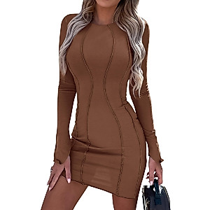 PRETTYGARDEN Womens 2024 Fall Bodycon Mini Dresses Casual Long Sleeve Solid Color Short Tight Ladies Party Club Fashion Dress (Coffee,Small)