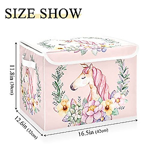 Kigai Valentine Unicorn Flower Lidded Home Storage Bins, Foldable Storage Basket with Double Handle, Flip-Top Storage Box for Toys Clothes Documents