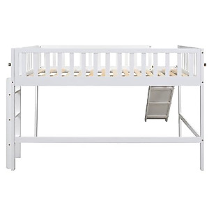 HBRR Full Size Loft Bed with Slide, Wood Low Loft Bed Frame with Ladder & Safety Guardrail, for Kids Boys Girls, White