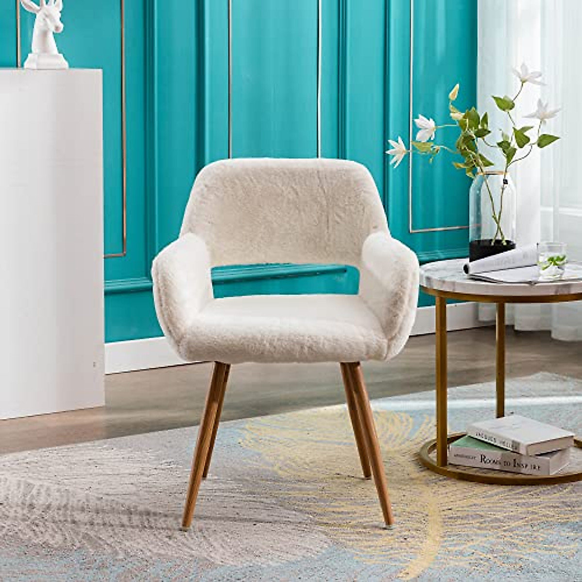 KCC Furry Desk Chair, Mid-Century Modern Accent Faux Fur Chair for Teen Girls, Comfy Armchair with Wood Look Metal Legs for Living Dining Room, Home Vanity Makeup Office Desk Chair No Wheel, White
