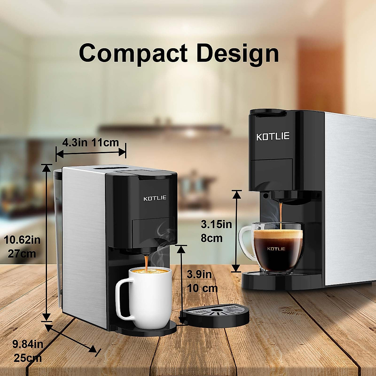 KOTLIE 4in1 Espresso Machine,Customize Volume Settings,Single Serve Coffee Maker for Nespresso original/K cups/L'OR/Ground Coffee/illy Coffee ESE,19Bar Espresso Maker,1450W Coffee Machine