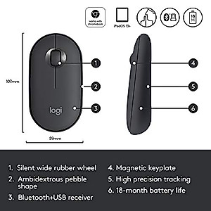 Logitech Pebble Wireless Mouse with Bluetooth or 2.4 GHz Receiver, Silent, Slim Computer Mouse with Quiet Clicks, for Laptop/Notebook/iPad/PC/Mac/Chromebook - Graphite