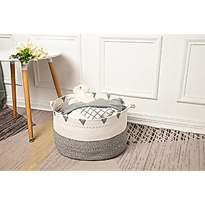 Decospark XXXL Cotton Rope Basket For Toy And Blanket Storage| 21.7" x 13.8" | Soft Long Handles | Decorative Home Organizer Ideal For Living Room, Baby Clothes And Laundry (Grey and White)