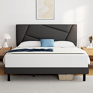 Generic Queen Bed Frame Upholstered Platform with Headboard, Linen Fabric Wrap, Strong Frame and Wooden Slats Support, Easy Assembly No Box Spring Needed,Non-Slip and Noiseless, E Dark Grey