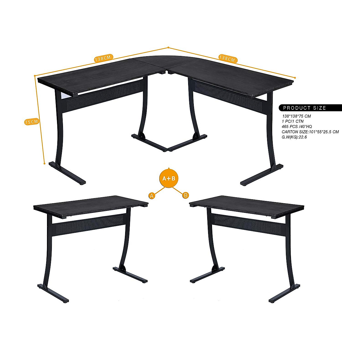 L-Shaped Computer Gaming Desk, 54.3'' Corner Writing Table Workstation Multipurpose Space-saving Study Laptop Table with Wide Desktop & Sturdy Metal Legs for Home Office Bedroom, Easy Assembly, Black