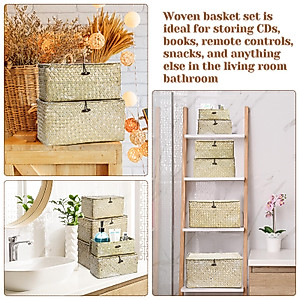 Kigley 6 Pcs Seagrass Basket with Lid Wicker Storage Decorative Boxes with Lids Bin Woven Organizer for Shelf Closet Bedroom, 6 Sizes(Classic Style,White)