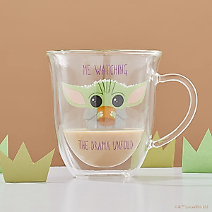 JoyJolt Watching The Drama Unfold Grogu 13.5oz Coffee Mug, Double Wall Mug Set of 2. Large Espresso Cups, Cappuccino or Latte Cup. Mandalorian Star Wars Mugs, Glass Coffee Cup, Insulated Coffee Mug