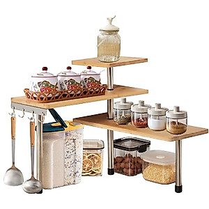 HOMBOUR Corner Shelf Kitchen Countertop Organizer, 3 Tier Bamboo Spice Rack Over Sink Storage with Hooks, Display Shelves Desktop Space Saver for Kitchen, Bathroom, Living Room, Office