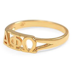 The Collegiate Standard Alpha Phi Omega Co Ed 14k Gold Plated Sorority Ring with Greek letters (7.0)