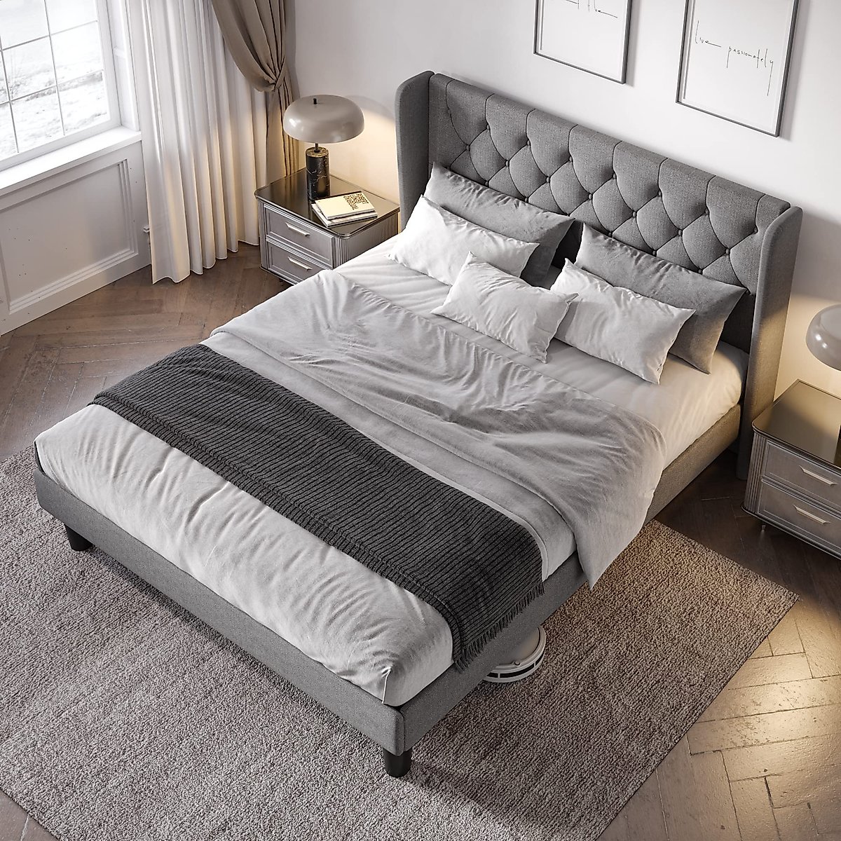 Allewie Full Size Bed Frame with Button Tufted Wingback Headboard, Modern Fabric Upholstered Platform Bed Frame with Strong Wood Slat Support, No Box Spring Needed, Easy Assembly, Light Grey