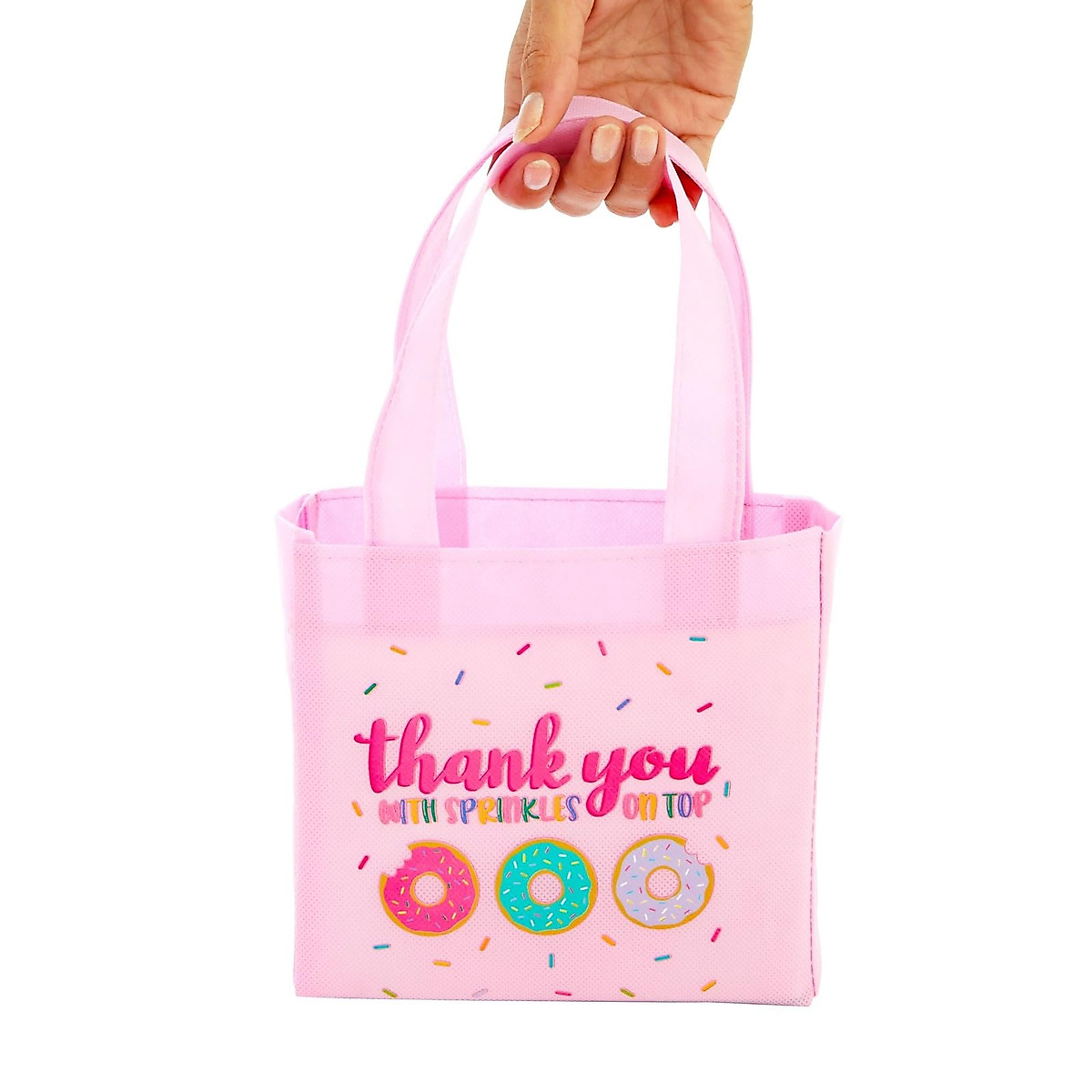 BLUE PANDA - 24 Pack Donut Goodie Bags - Pink Donut Theme Party Favor Totes for Girl's Birthday, Baby Shower, Special Event (6.5 x 7 x 2 In)