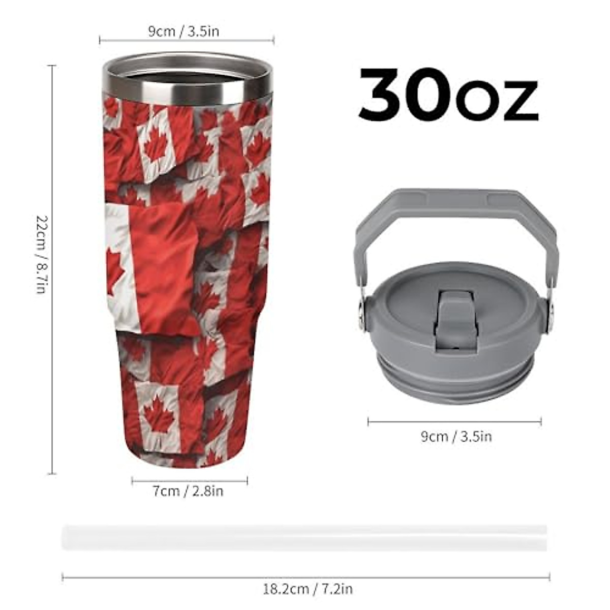 Canadian Flag Tumbler 30oz Large Capacity Car Cup with Handle Fit in Any Car Cup Holder Stainless Steel Leakproof Insulated Coffee Tumblers with Lid And Straw