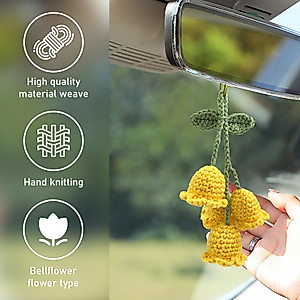 Kewucn Car Mirror Hanging Accessories, Bellflower Hand Knitted Auto Pendant, Vehicle Rear View Mirror Hanging Ornament Decoration, Suitable for Car, Handbag, Backpacks, Keychain (Yellow)