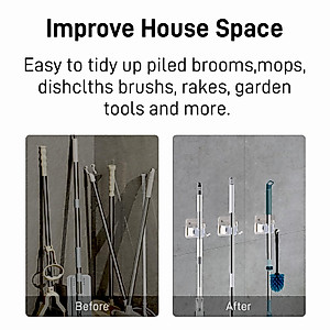 Bntyok 5 Pack Broom Holder Heavy Duty Stainless Steel Broom Hanger with Hooks Screw Drilling Rust Resistant Mop and Broom Holder Wall Mount for Bathroom Kitchen Laundry Room Garage - Silver