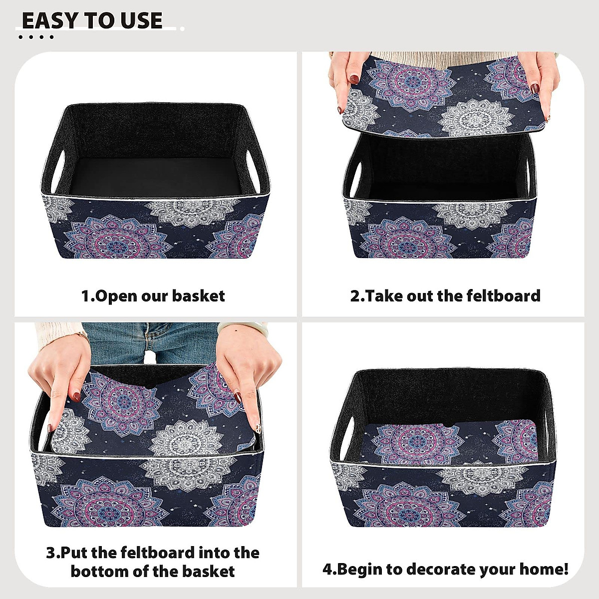 Emelivor Blue Mandala Storage Basket Bins Set (2pcs) Felt Collapsible Storage Bins with Fabric Rectangle Baskets for Organizing for Office Bedroom Closet Babies Nursery