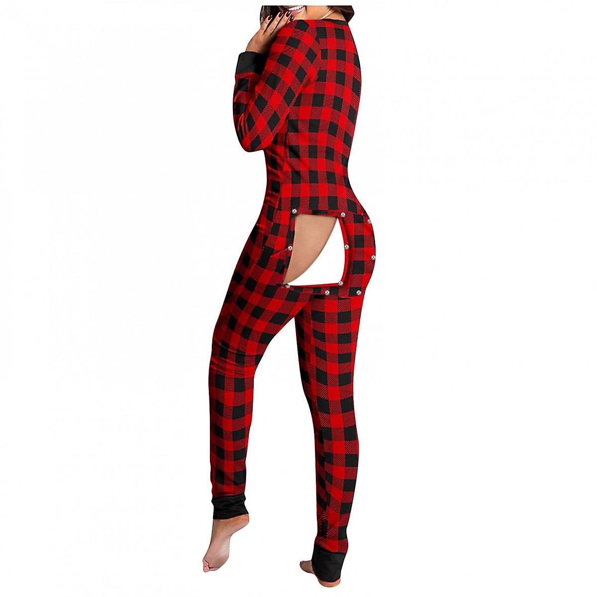 FABIURT Onesie Pajamas for Women Plus Size, Jumpsuits for Women Long Sleeve, Sexy Pajamas for Women Womens Onesies Pajamas Sleepwear with Back Functional Buttoned Flap Long Romper Jumpsuits