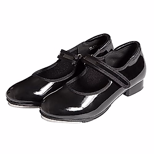 Easy Strap Tap Dance Shoes with PU Shiny Leather for Boys and Girls,US10-Little Kid Black