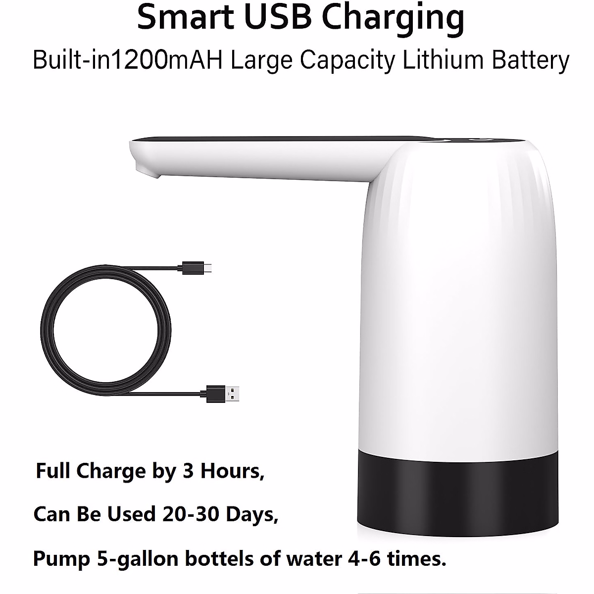 Myvision 5 Gallon Jug Portable Water Dispenser, Water Bottle Pump 5 Gallon Water Dispenser, USB Charging Electric Drinking Portable Water Dispenser, 2-5 Gallon Water Bottle Switch-White