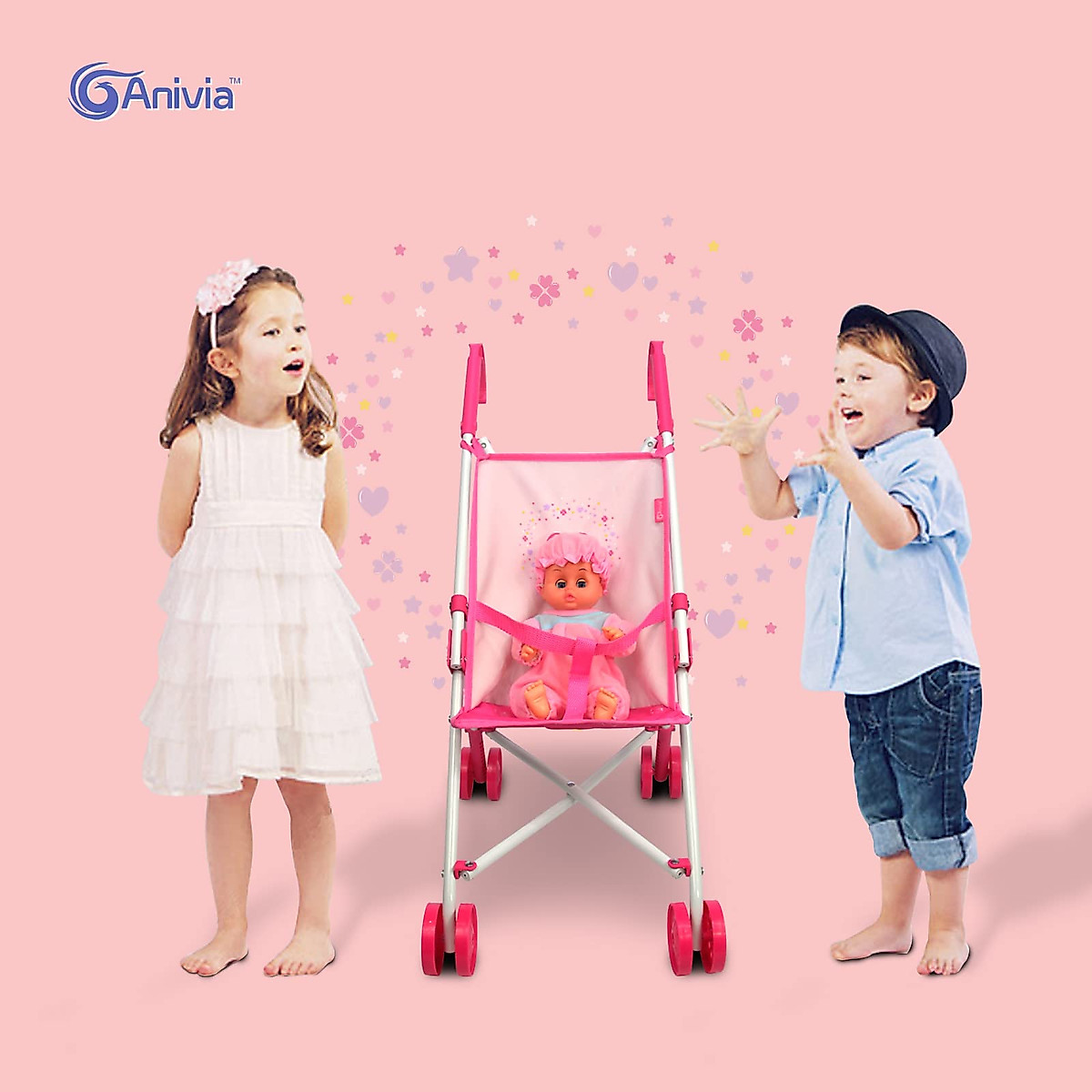 Anivia Baby Doll Collection Doll Stroller Heart Design Gifts for Toddlers and Girls Foldable Doll Stroller
