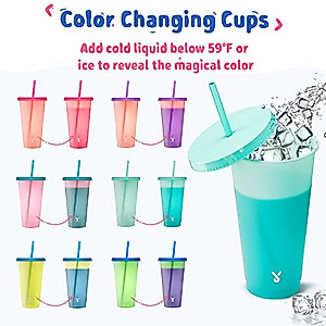 Meoky Plastic Cups with Lids and Straws - 6 Pack 24 oz Color Changing Cups with Lids and Straws Bulk, Reusable Cups with Lids and Straws for Adults Kid Women Party, Cute Cold Cups for Iced Coffee