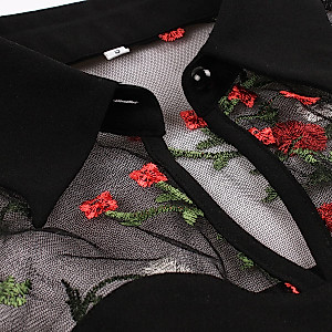 Women Keyhole Front Mesh Fare Sleeve Vintage Cocktail Swing Dress Peter Pan Collar 50s 60s Pleated A-line Rockabilly Prom Dress Wedding Party Short 1950s Retro Floral Casual Midi Dress Embroidered M