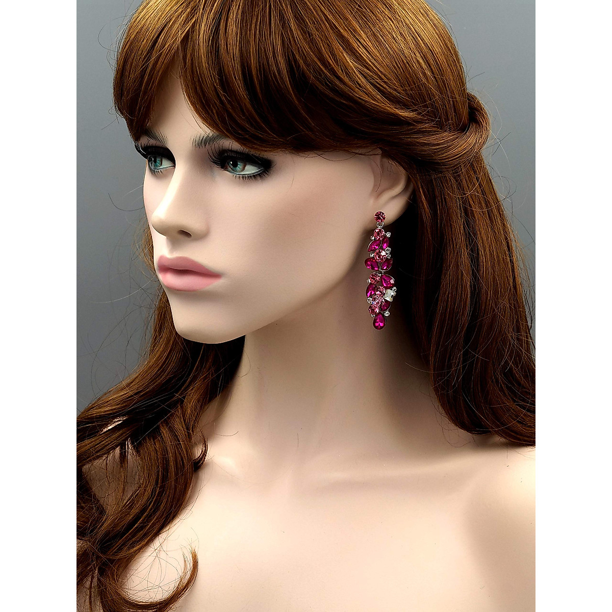 Womens Jewelry Fuchsia Pink Crystal Rhinestone Bridal Drop Dangle Earrings Sparkling Cluster style in Silver Tone for Wedding prom Party Birthday Gift