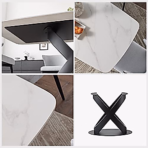 Modern Dining Table, Sintered Stone Tabletop Dining Room Table for Up to 8, Simple Retro Art, Rounded Corner Design, Solid Black Carbon Steel Base, 71"