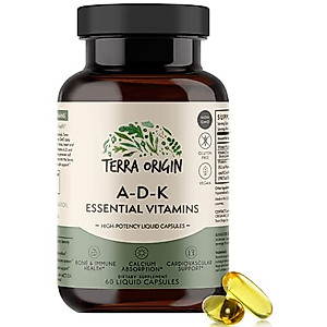 Terra Origin ADK Essential Vitamins - 60 High Potency Liquid Capsules, Vegan, Non-GMO, Gluten Free, Made in The USA.