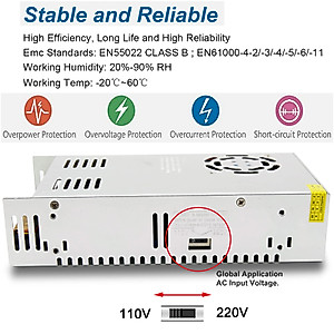 DC 12V 30A Power Supply 360W Universal Regulated Switching AC to DC Converter AC 110V/220V (SMPS) Transformer Driver Adapter for LED Strip Light, CCTV Camera Security System, Radio, Computer Project