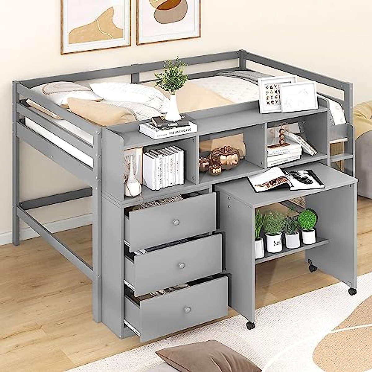 Wooden Full Size Bed Frame Full Size Low Loft Bed with Rolling Portable Desk, Drawers and Shelves, Gray