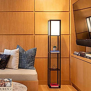Battery Operated Floor Light with Remote Control,Wood Black Tall lamp with Shelves,Standing Light with Energy-Saving Light Bulb,Floor Light with Fabric lampshade,with Bulb+Remote+Charging Cable