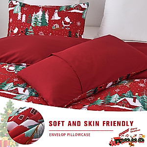 Dinjoy Christmas Red Duvet Cover Set King Size, 3 Piece Father Christmas Xmas Trees Snowman, Soft Microfiber King Duvet Cover Set for All Seasons