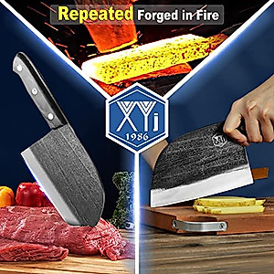 XYJ Authentic Since 1986,Outstanding Ancient Forging,6.7 Inch Full Tang,Serbian Chefs knife,Chef Meat Cleaver,Kitchen Knives,Set with Leather Sheath,Take Carrying,Butcher,for Camping or Outdoor