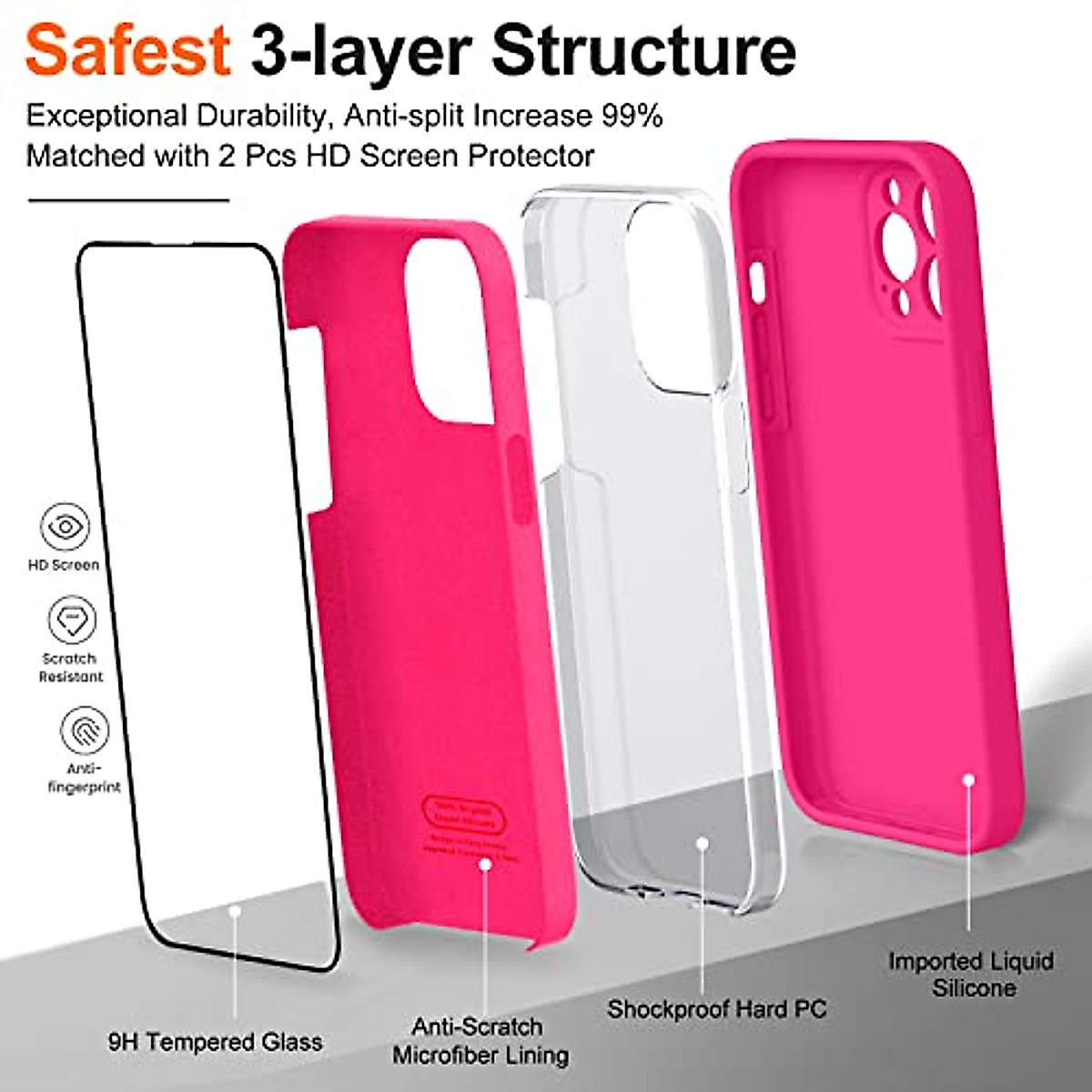 TISOOG Compatible with iPhone 14 Pro Case for Women,with 2 Pcs 9H Tempered Glass Screen Protector,[Camera Protection][Microfiber Lining] Slim Shockproof Silicone Case for iPhone 14 Pro, Hot Pink