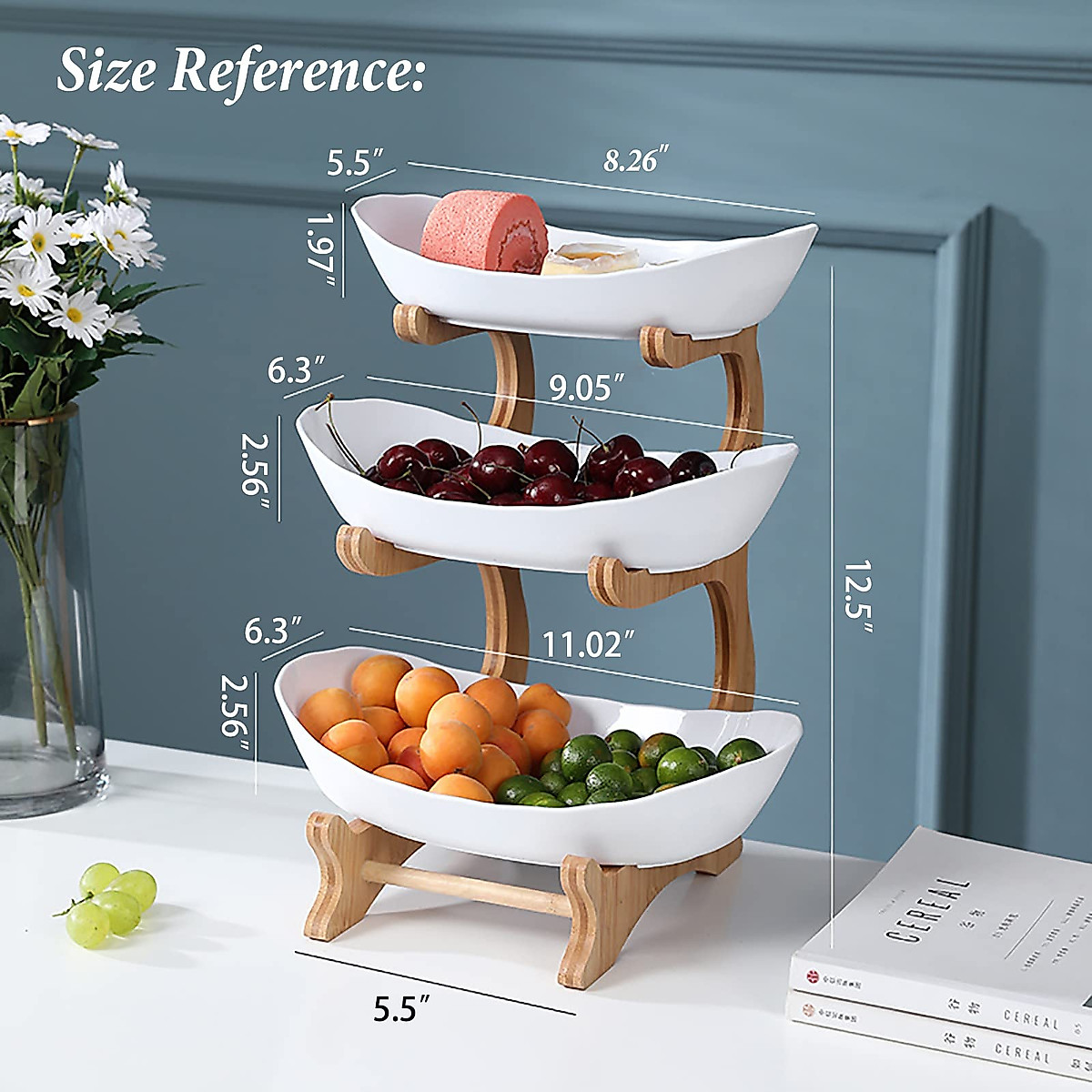 fghuim 3 Tier Ceramic Fruit Bowls with Bamboo Stand,Decorative Ceramic Friut Bowl with Bamboo Holder for Kitchen Counter White(Include 1 Y Stainless Steel Peeler,3 Oranger Finger Peelers)