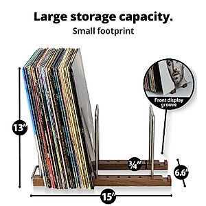 Durable Vinyl Record Storage Holder for 75 LPs, Solid Walnut Vinyl Record Stand with Built-in Now Playing Display, Sleek Vinyl Record Holder & Display for Albums