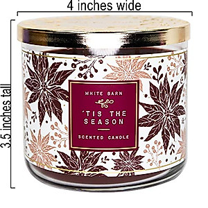 White Barn 3-Wick Candle w/Essential Oils - 14.5 oz - 2020 Holidays Scents! (‘Tis The Season),Burgundy Soy Wax,White and Burgundy Leaf Jar Print,Gold Lid,Transparent Glass
