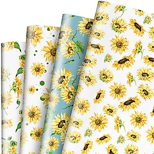 Whaline 12 Sheet Sunflower Wrapping Paper 4 Designs Vintage Yellow Floral Art Paper Spring Summer Decorative Folded Gift Wrap Paper Specialty Paper Sheets for Birthday Wedding DIY Crafts, 19.7 x 27.6’’