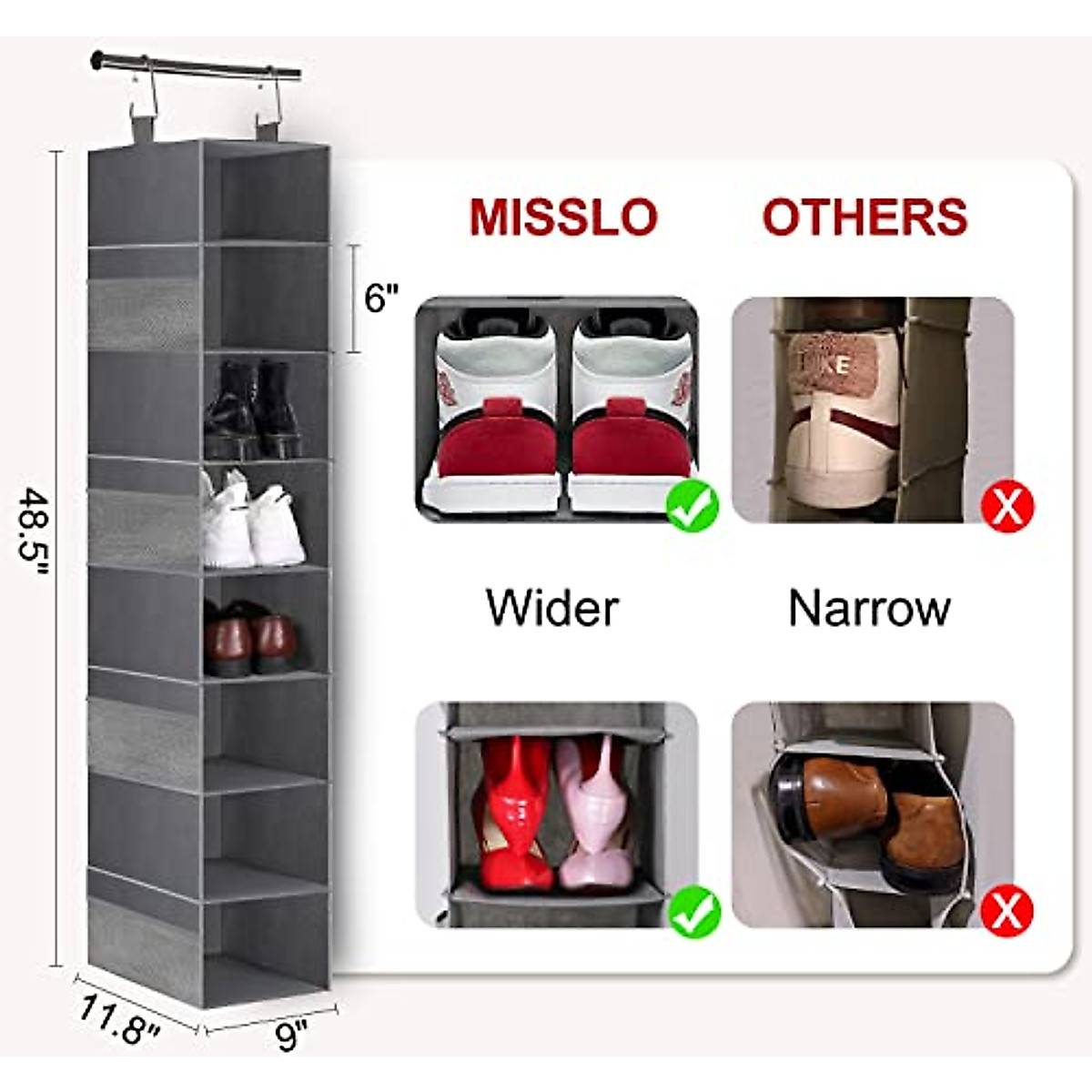 MISSLO 8-Shelf Hanging Shoe Organizer Clothes Closet Organizers and Storage Shelves Hat Holder with Large Shelf and Side Mesh Pockets for Hats Handbags Kid Sweater, Grey